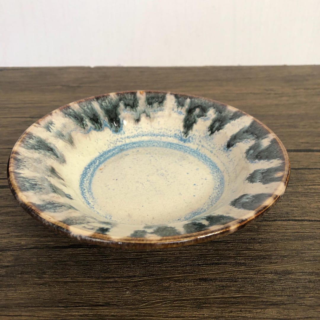 Studio Pottery Trinket Dish – Taupe and Blue Drip Glaze Bowl, Signed MM ...