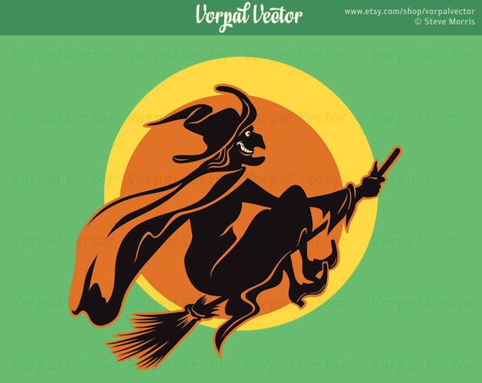 Halloween Witch Clip Art, Flying Broom, Moon Graphic, Vintage Style ...