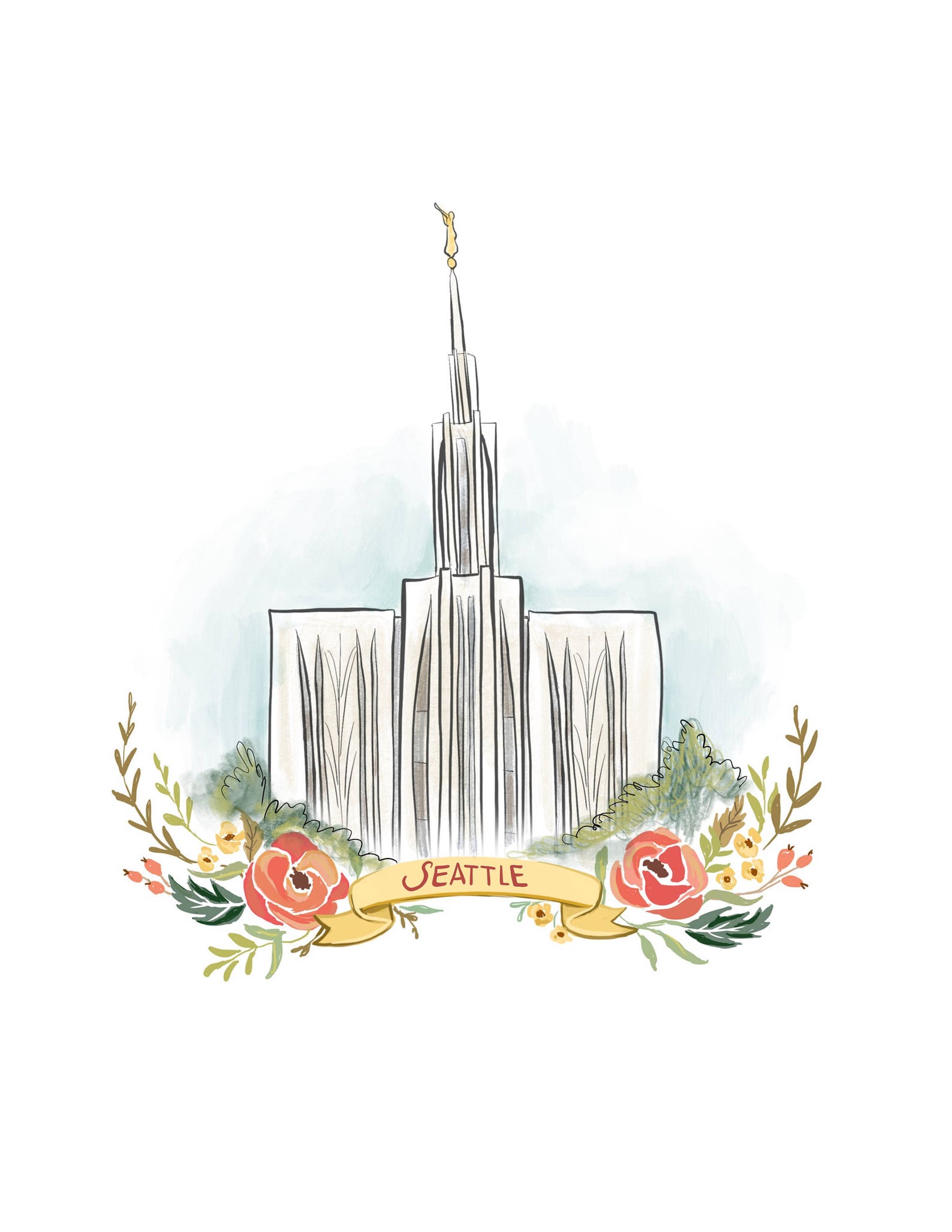 Seattle LDS Temple With Floral Banner, Mormon Art, Young Womens ...