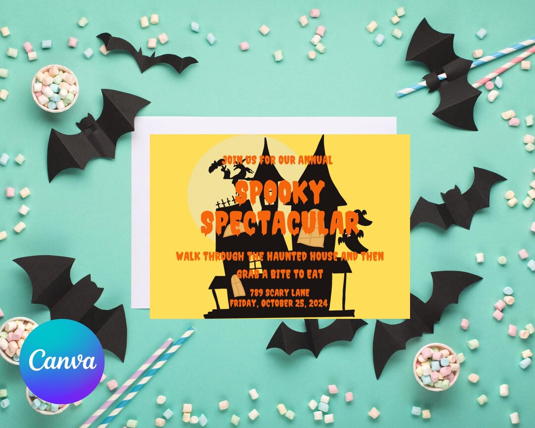 Editable Haunted House Halloween Invitation: Canva Template (digital ...