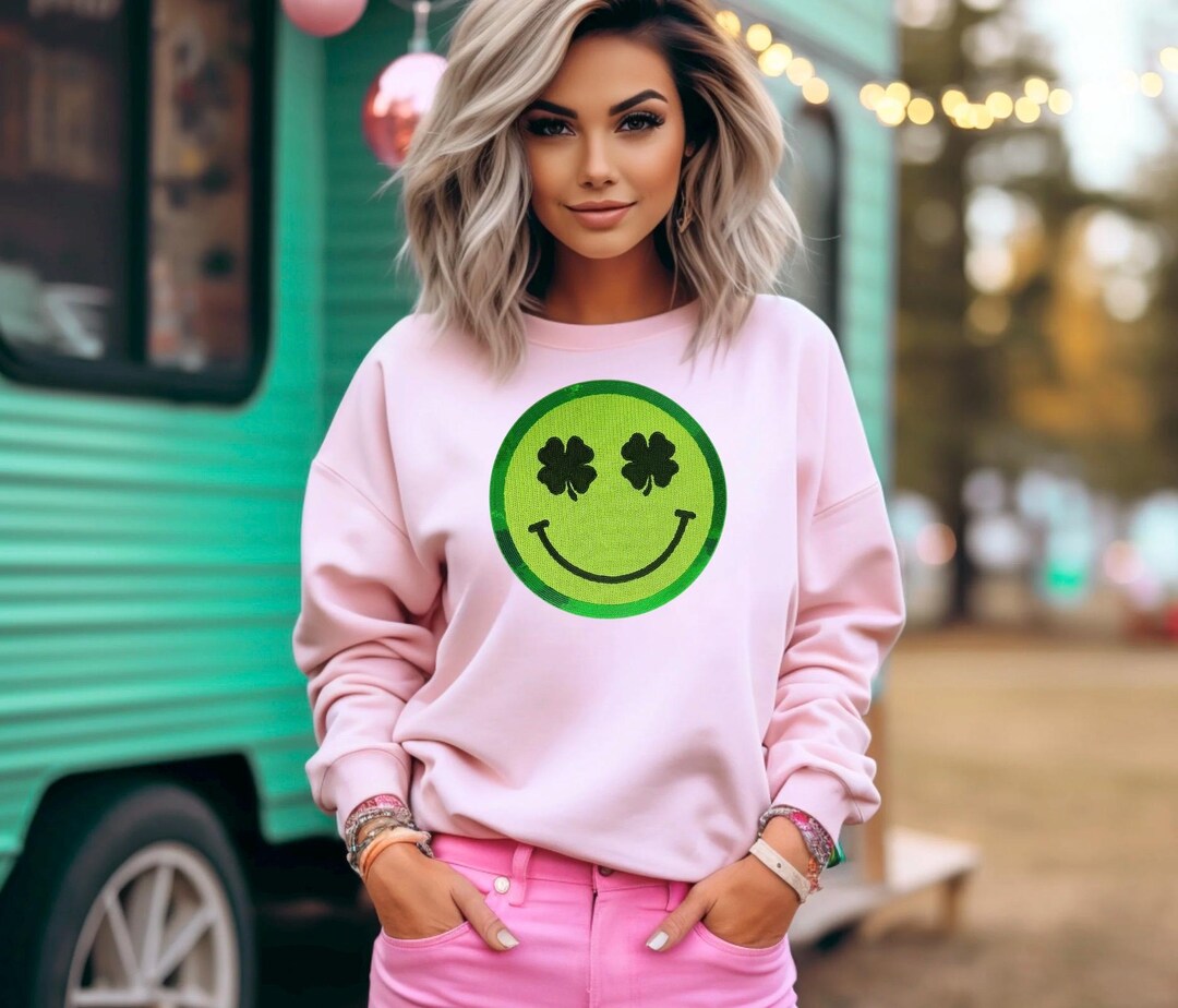 St Patrick's Day Smiley Face Sequin Patch Sweatshirt Sequin Smiley Face Shirt St Patricks Day ...