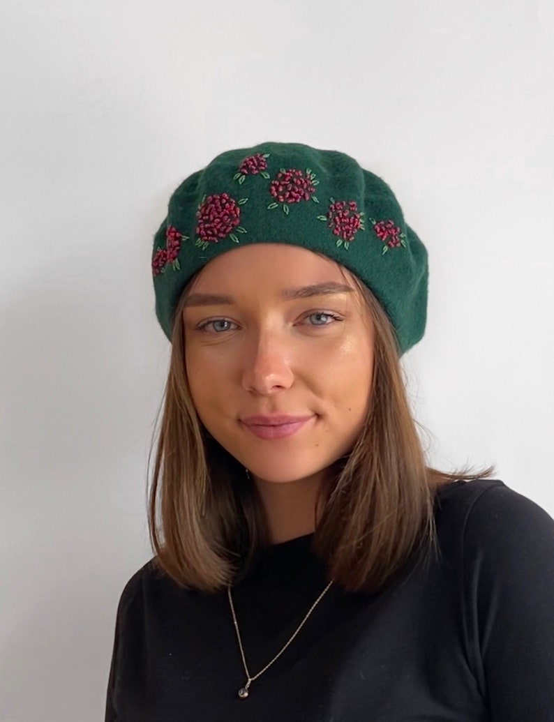 Grey Beret, Unique Hand Embroidered Beret, Dark Grey French Wool Beret ...
