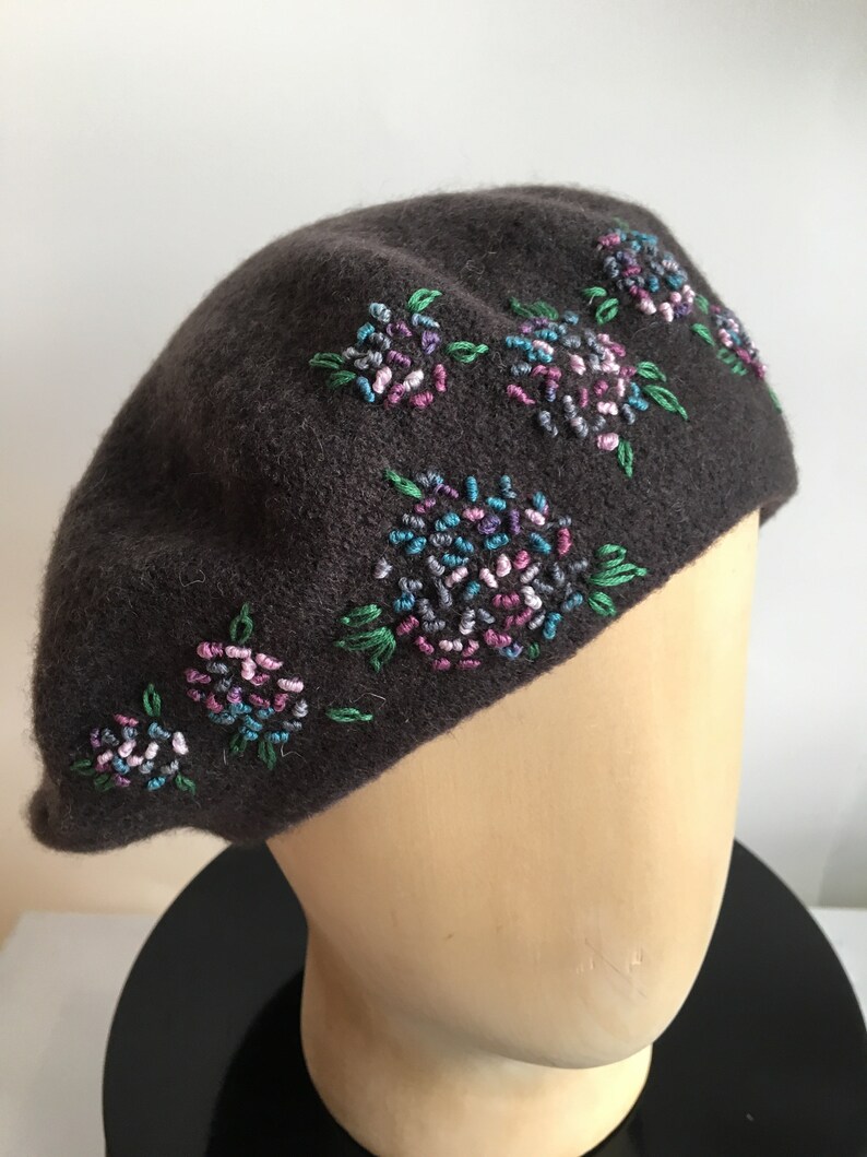 Grey Beret, Unique Hand Embroidered Beret, Dark Grey French Wool Beret ...