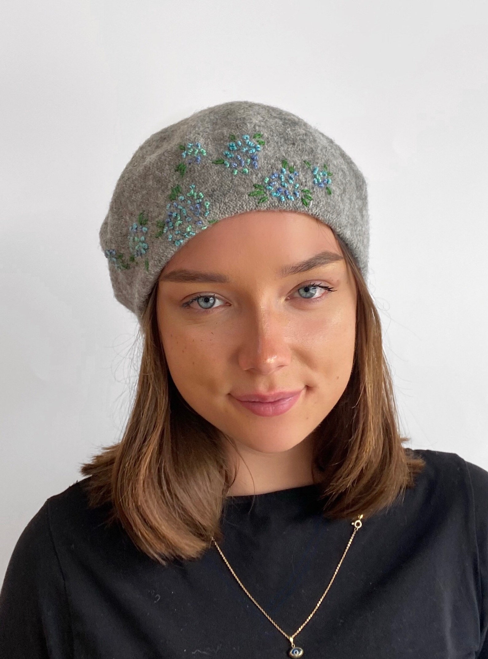 Grey Beret, Unique Hand Embroidered Beret, Dark Grey French Wool Beret ...