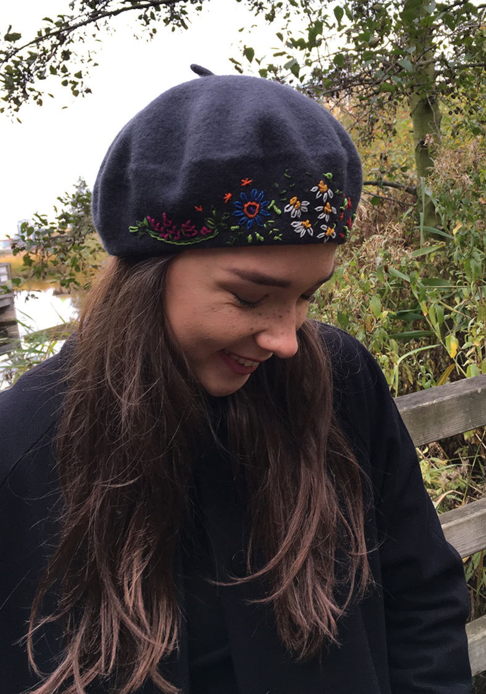 Grey Beret,unique Hand Embroidered Beret, Grey French Wool Beret, Hand ...