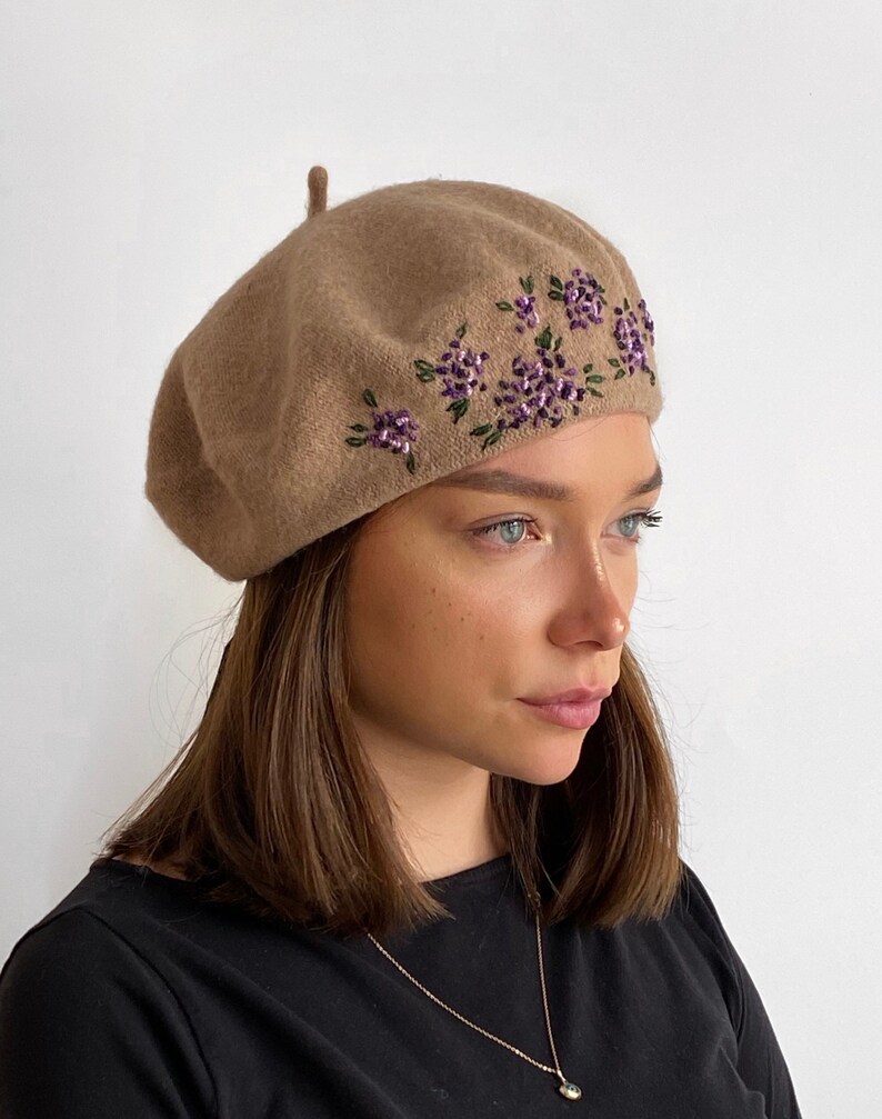 Grey Beret, Unique Hand Embroidered Beret, Dark Grey French Wool Beret ...