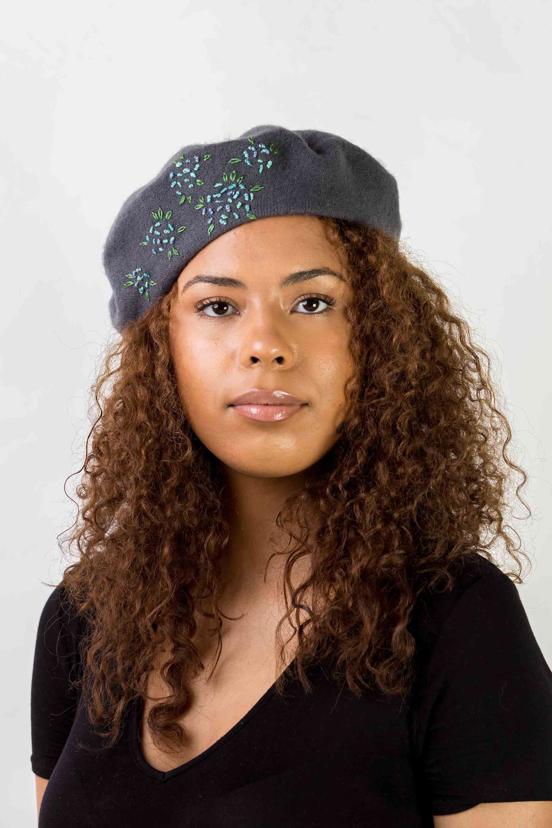 Grey Beret, Unique Hand Embroidered Beret,dark Grey French Wool Beret ...