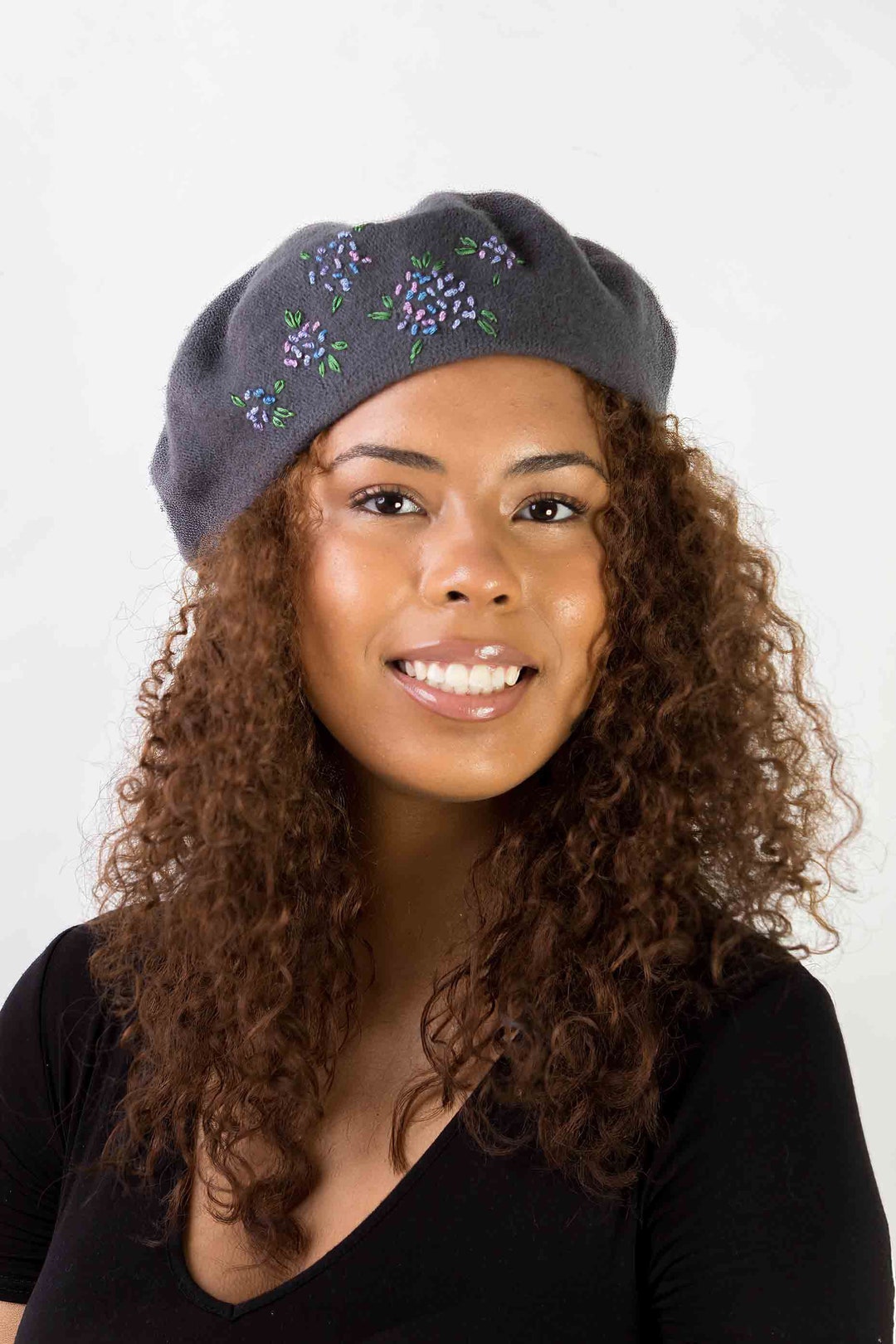 Grey Beret, Unique Hand Embroidered Beret,dark Grey French Wool Beret ...