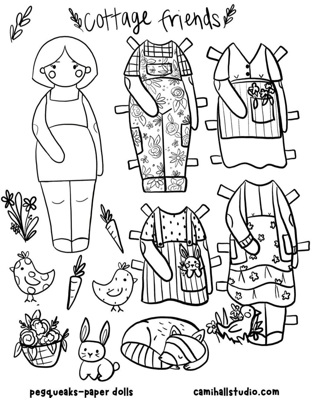 Cottage Girl Paper Doll Digital Download Color Yourself Pdf Download Pegsqueaks Paper Peg Doll