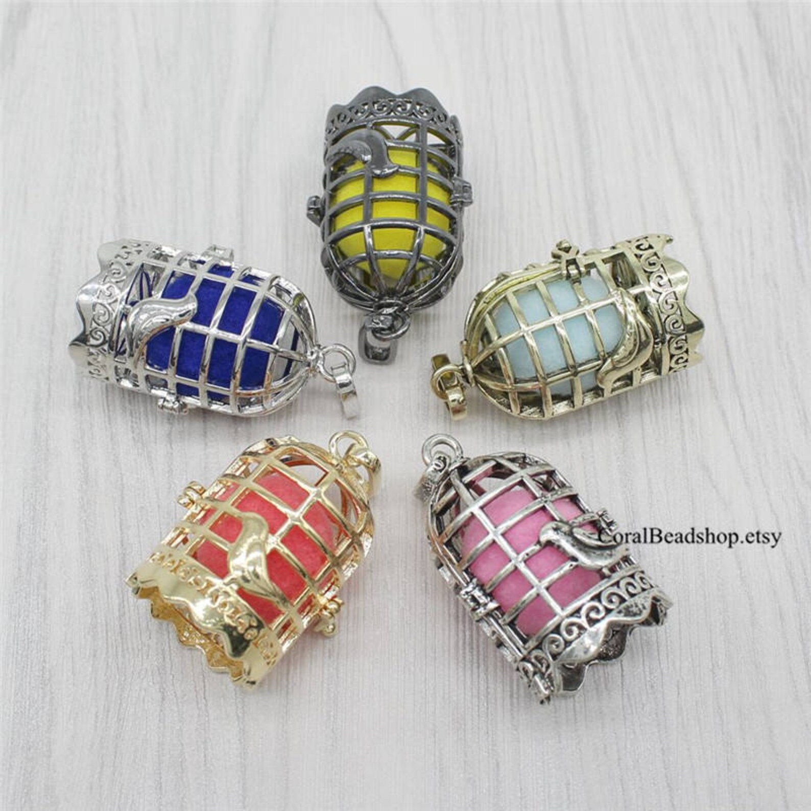 2pcs Floating Hollow Birdcage Pearl Cage Pendant Locket Mexican Bola ...