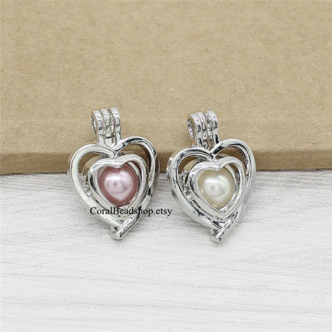 5pcs Love Heart Pearl Cage Locket Silver Plated Lava Bead Pearl Cage ...