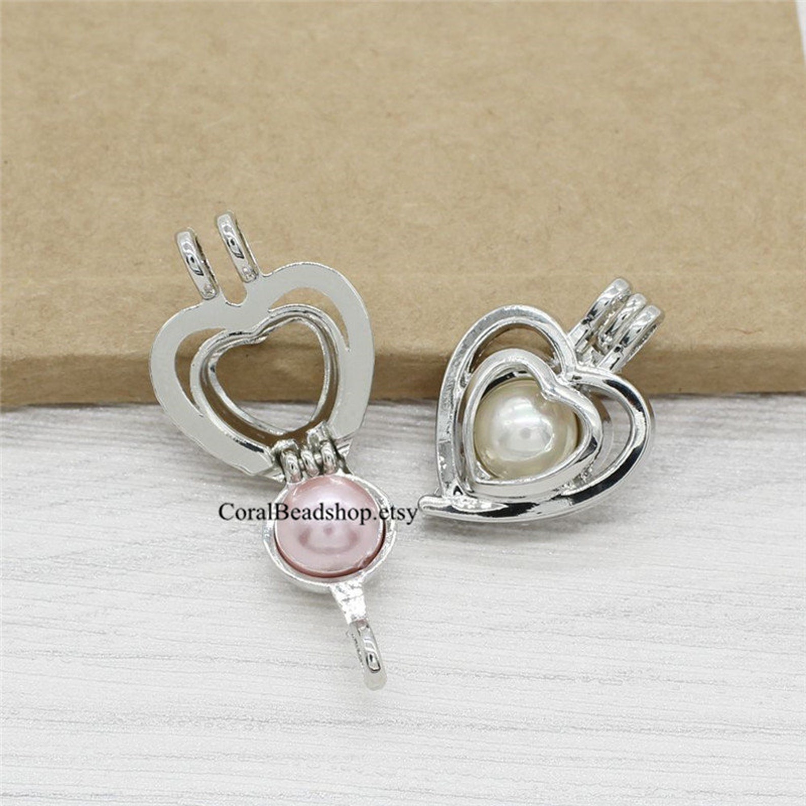 5pcs Love Heart Pearl Cage Locket Silver Plated Lava Bead Pearl Cage ...