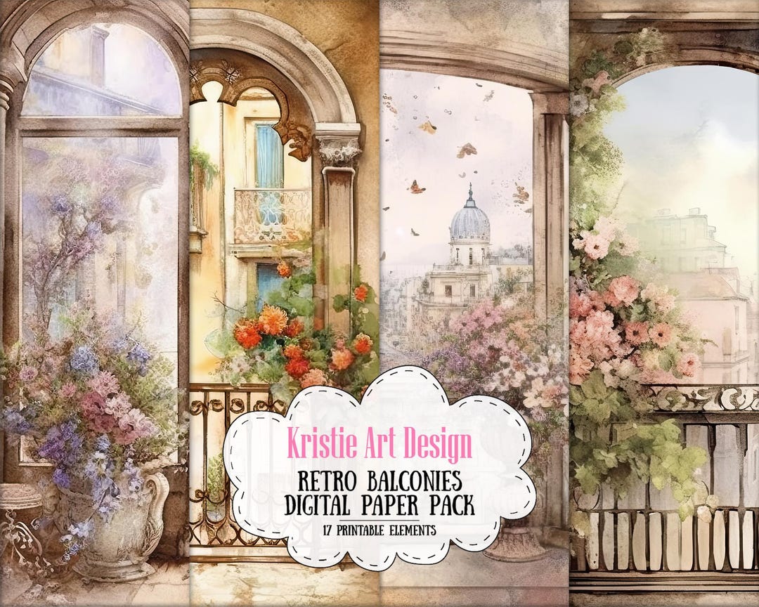 Retro European Balconies With Flowers Digital Paper Pack | Romantic and ...