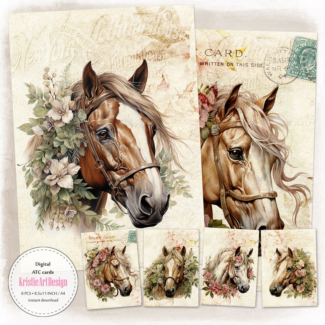 Floral Equine Elegance: Digital ATC Cards for Horse Lovers, C296 - Etsy
