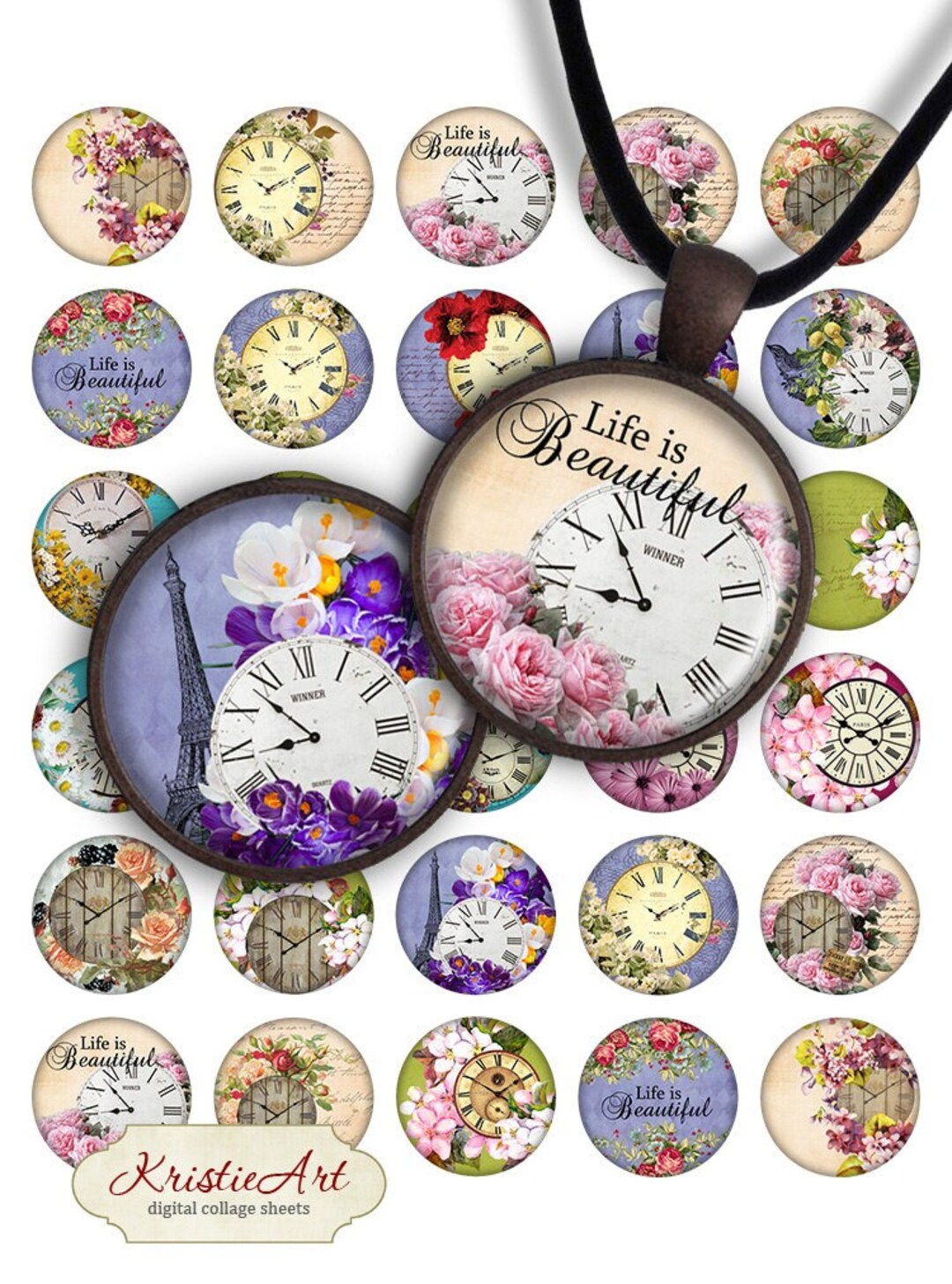 Spring Clocks - Digital Collage Printable Download 30mm 25mm Circle 1 ...