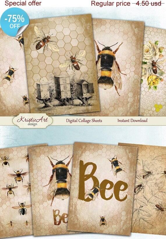 Printable Digital Collage Sheet images Bees insect honey Instant ...