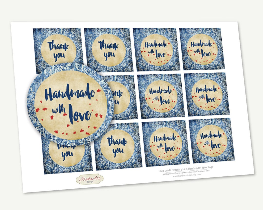 Printable Favor Tags "thank You&handmade" Blue Swirls, Printable Thank ...