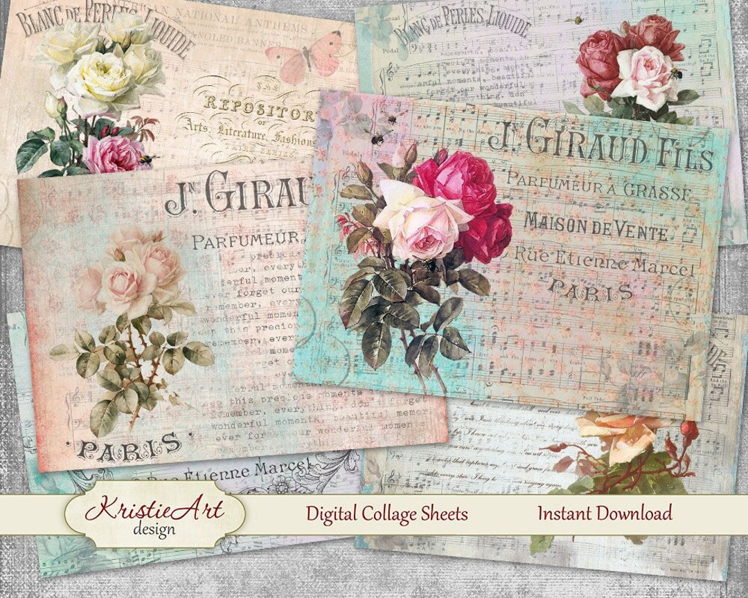 Paris Flowers - Digital Collage Sheet C020 Printable Download Gift Tags ...
