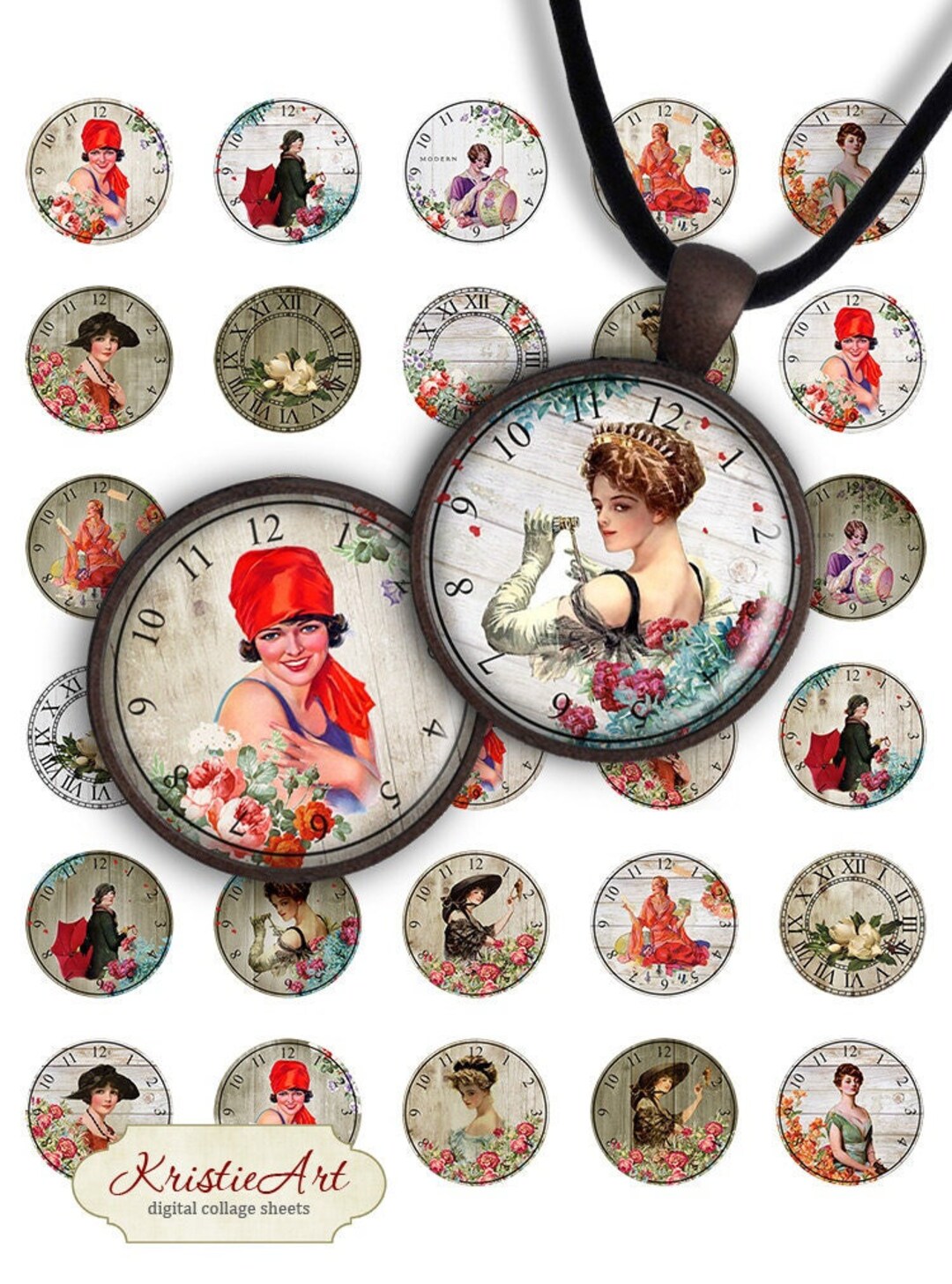 Digital Collage Sheet Retro Clocks 1.2 Inch, 1 Inch Size 25mm Image for ...