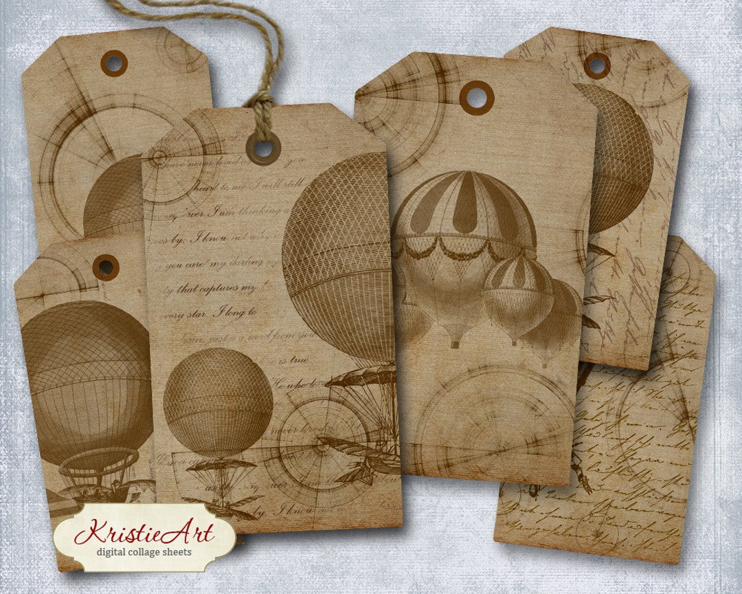 Balloon Steampunk Tags - Digital Collage Sheet Digital Tags T003 ...