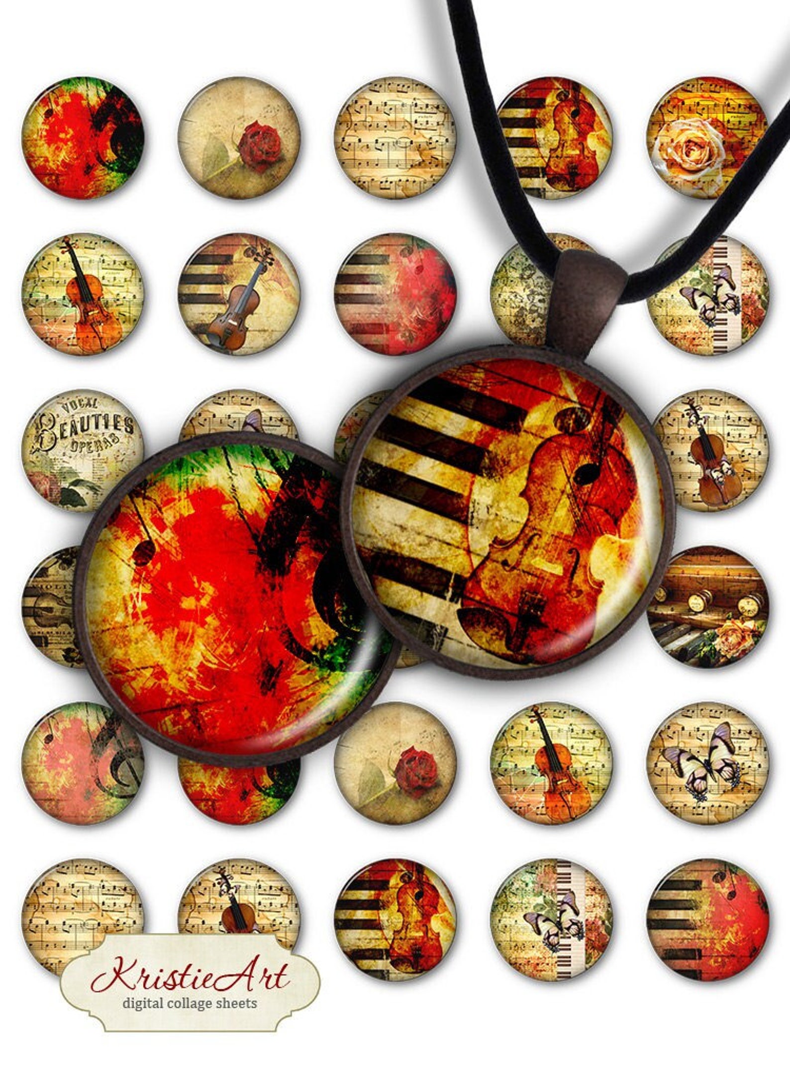 Digital Collage Sheet Music 1inch Round 30mm 25mm 20mm Circle Pendant ...