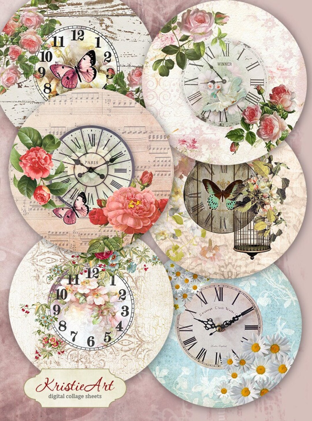 Digital Collage Sheet Clock in Flowers - Printable Digital Coolage Tags ...