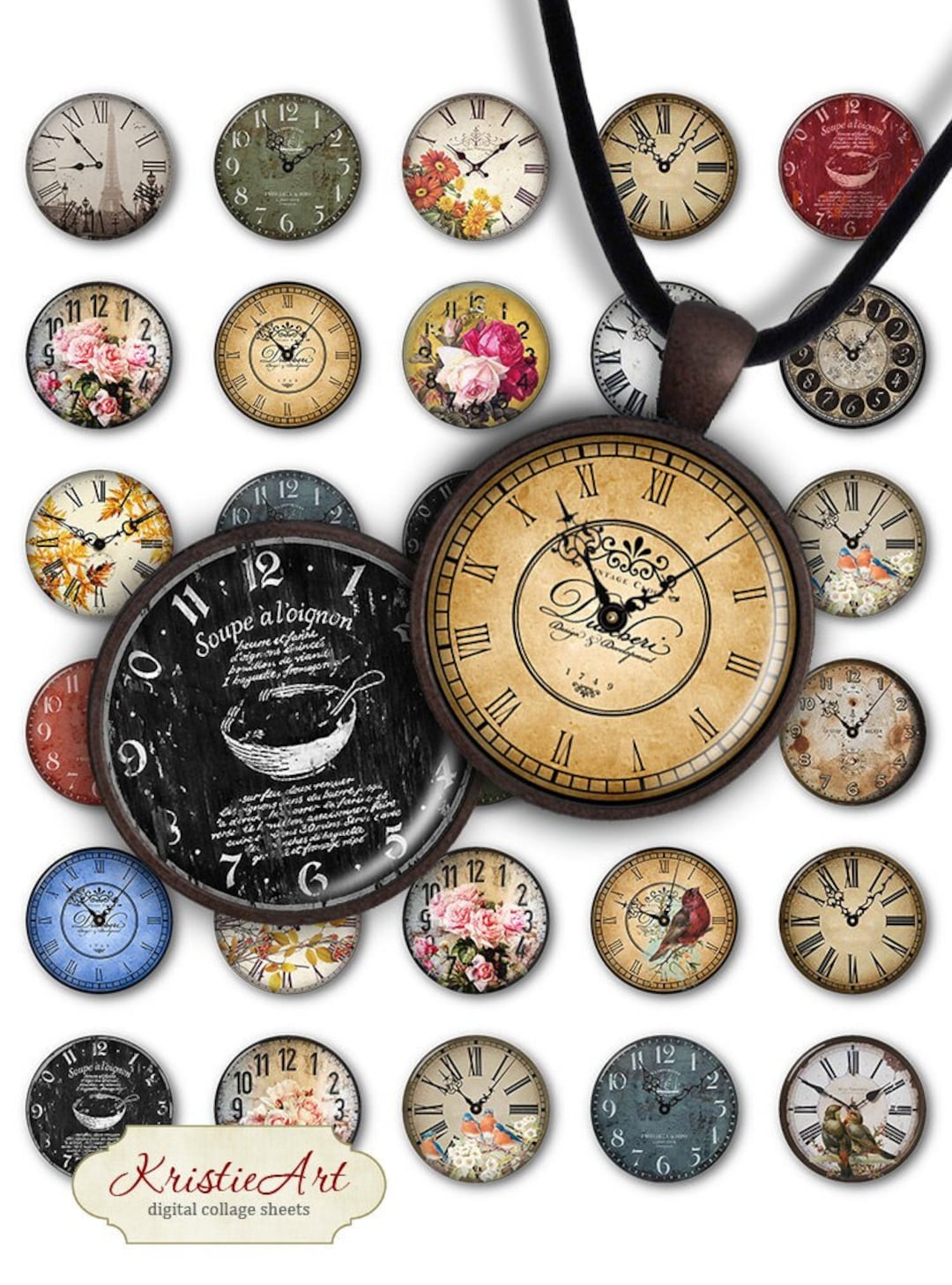 Digital Collage Sheet Antique Clock Faces 1inch Round 25mm Circle ...