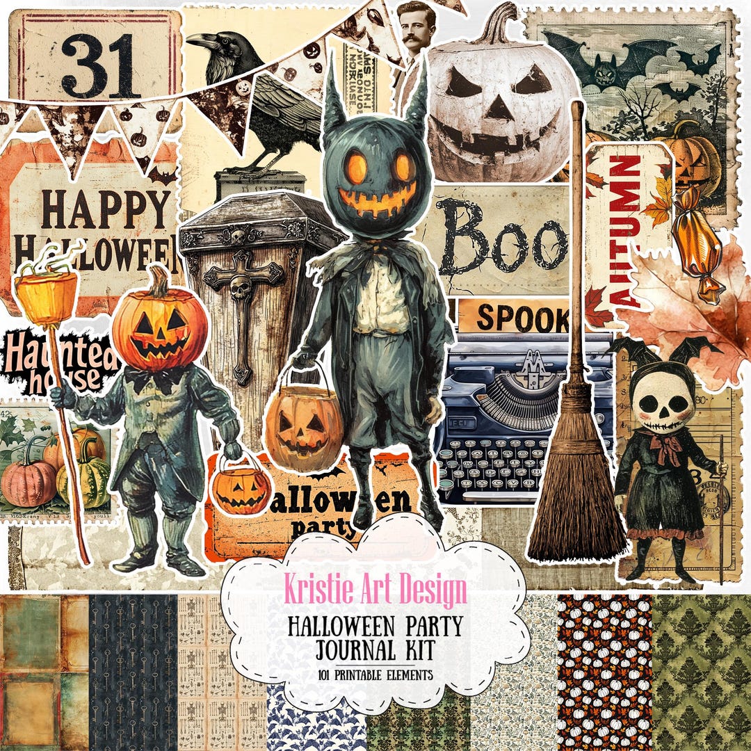 Halloween Party Digital Paper Pack & Fussy Cuts for Junk Journal - 101 ...
