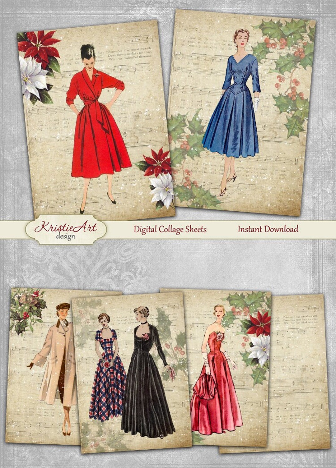 Christmas Ladies - Digital Collage Sheet Digital Christmas Cards C196 ...