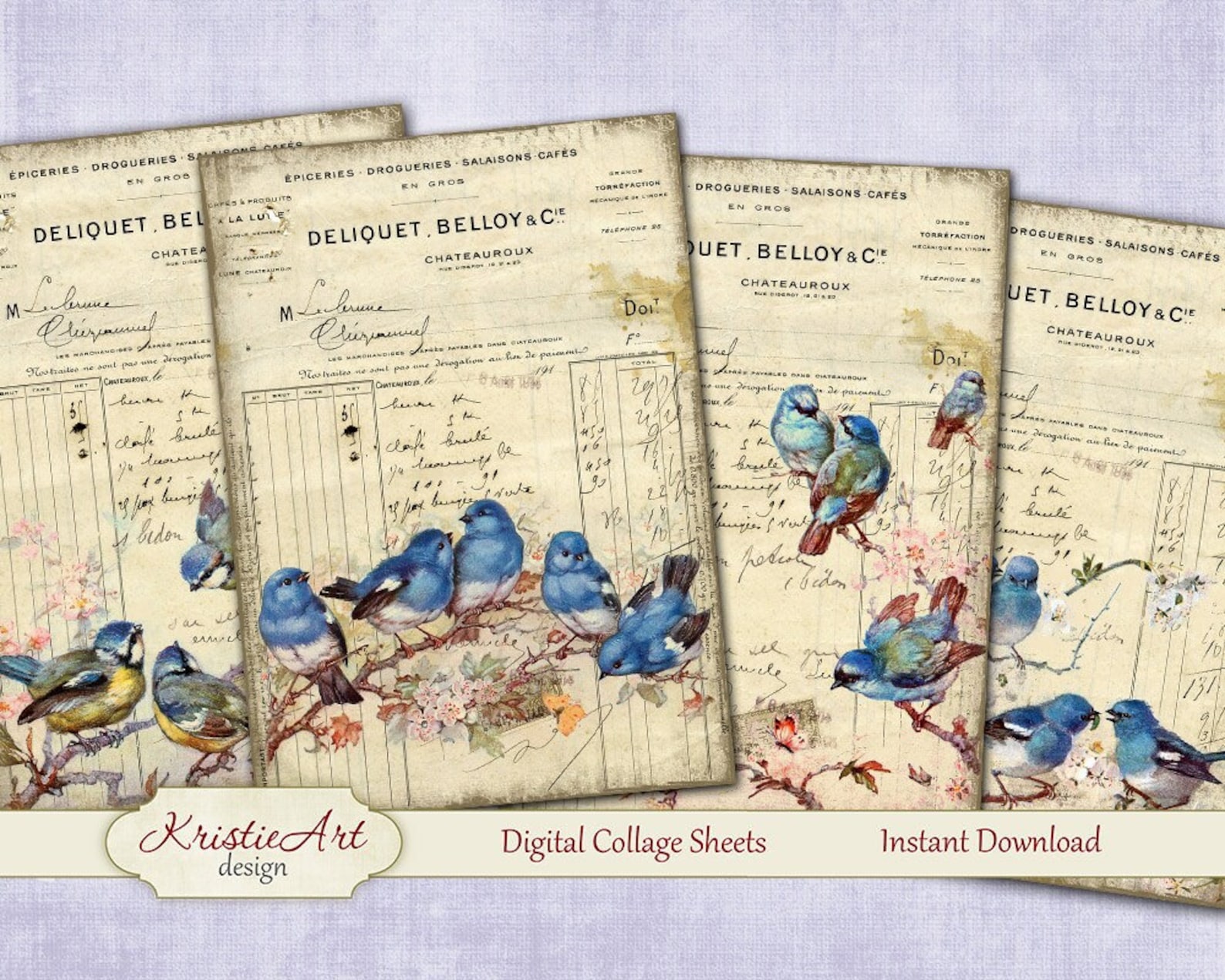 Blue Birds - Digital Collage Sheets Printable Download, Digital Cards ...