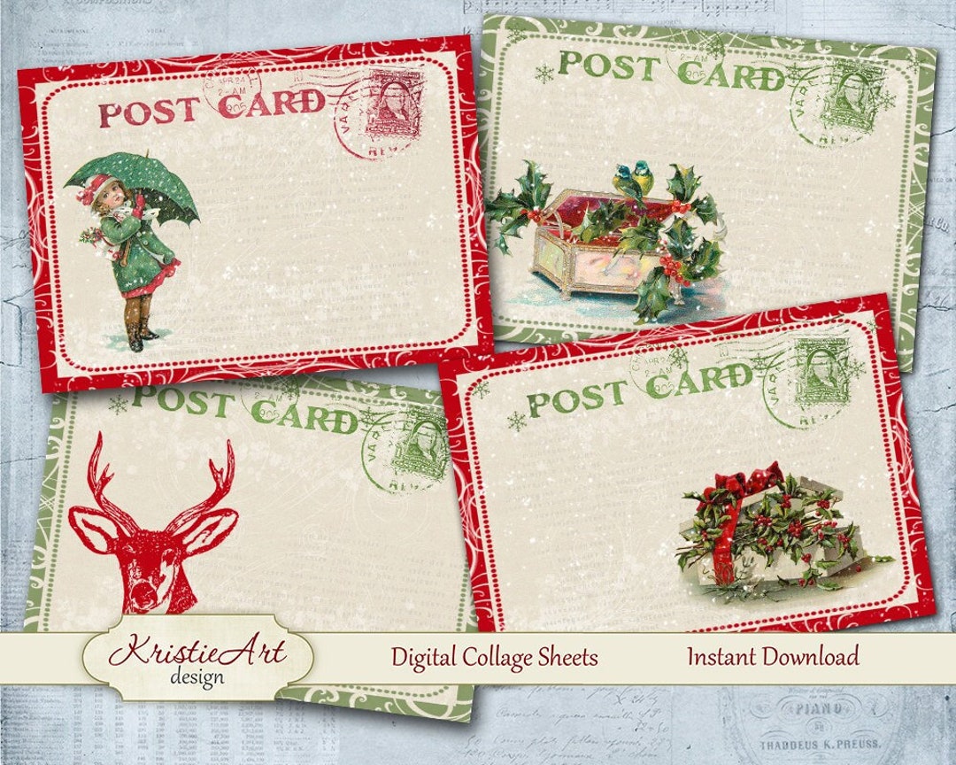 Christmas Postcard - Digital Collage Sheet Digital Christmas Cards C200 ...