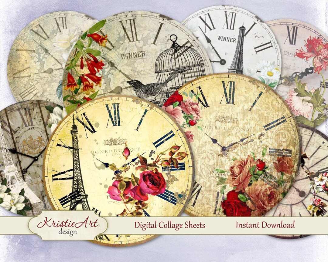 Flower Clock - Digital Collage Sheet - Digital Cards C064 Printable ...