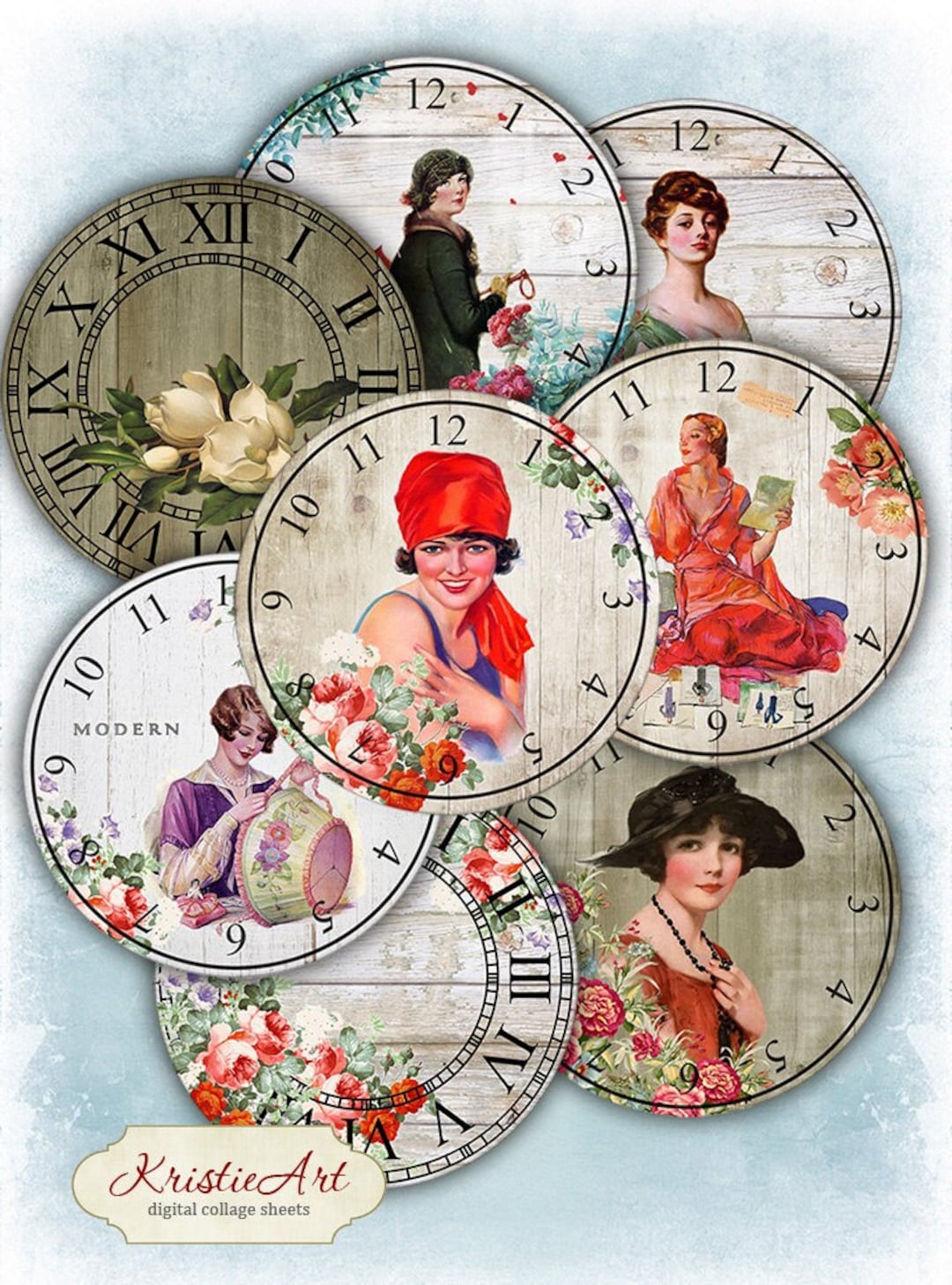 Retro Clock Face - Digital Collage Sheet Printable Digital Tags Digital ...