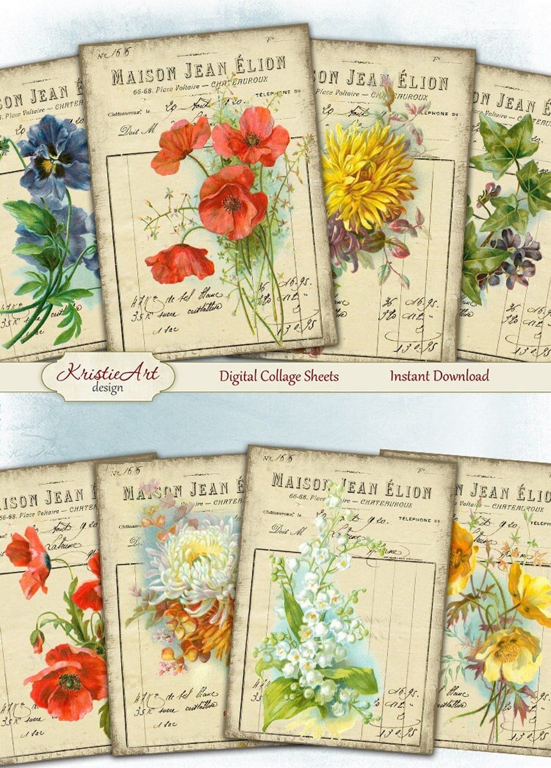 Maison Flowers - Digital Collage Sheet Digital Cards C158 Printable ...
