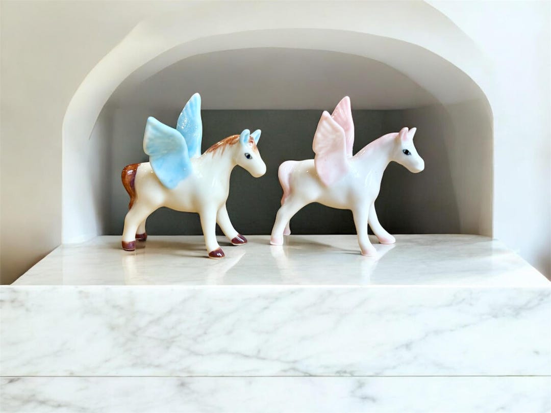 1 Pair Ceramic Pegasus Miniatures, Blue and Pink Wings, Handmade & Hand ...