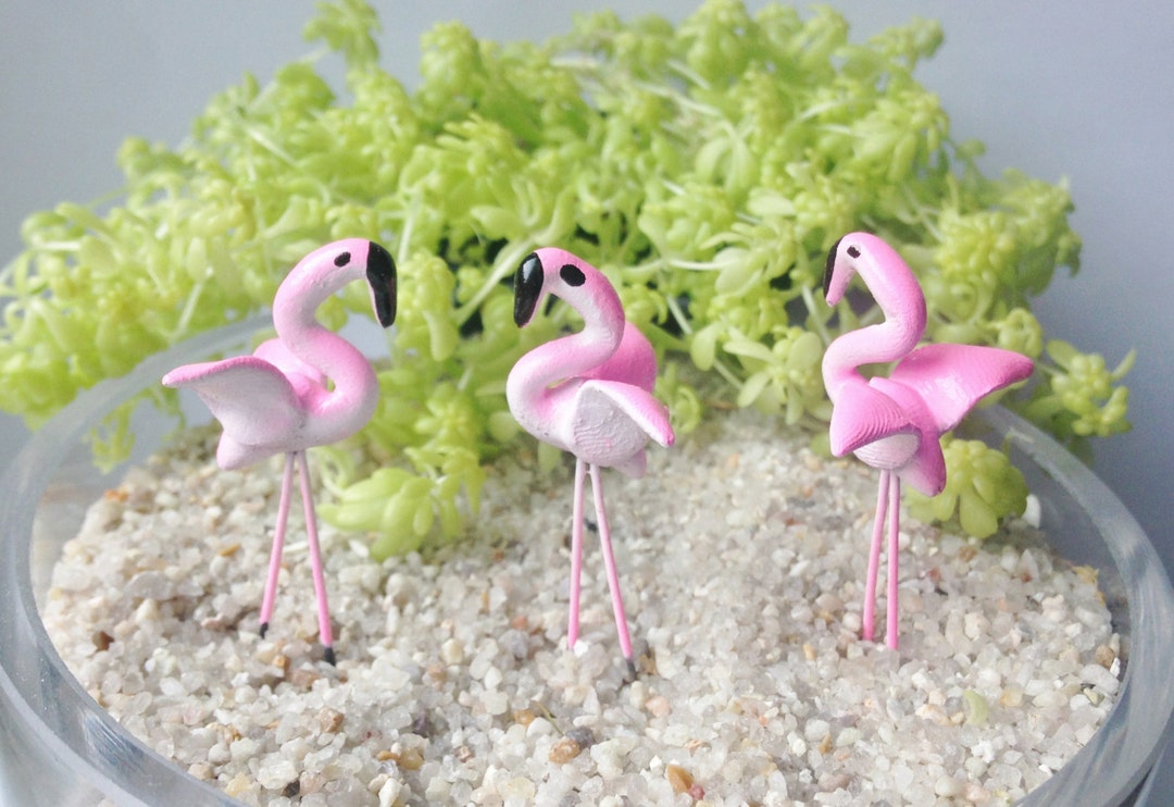 3 Pcs Mini Pink Flamingo Figurines on Stem, Spreading Wings, Terrarium ...