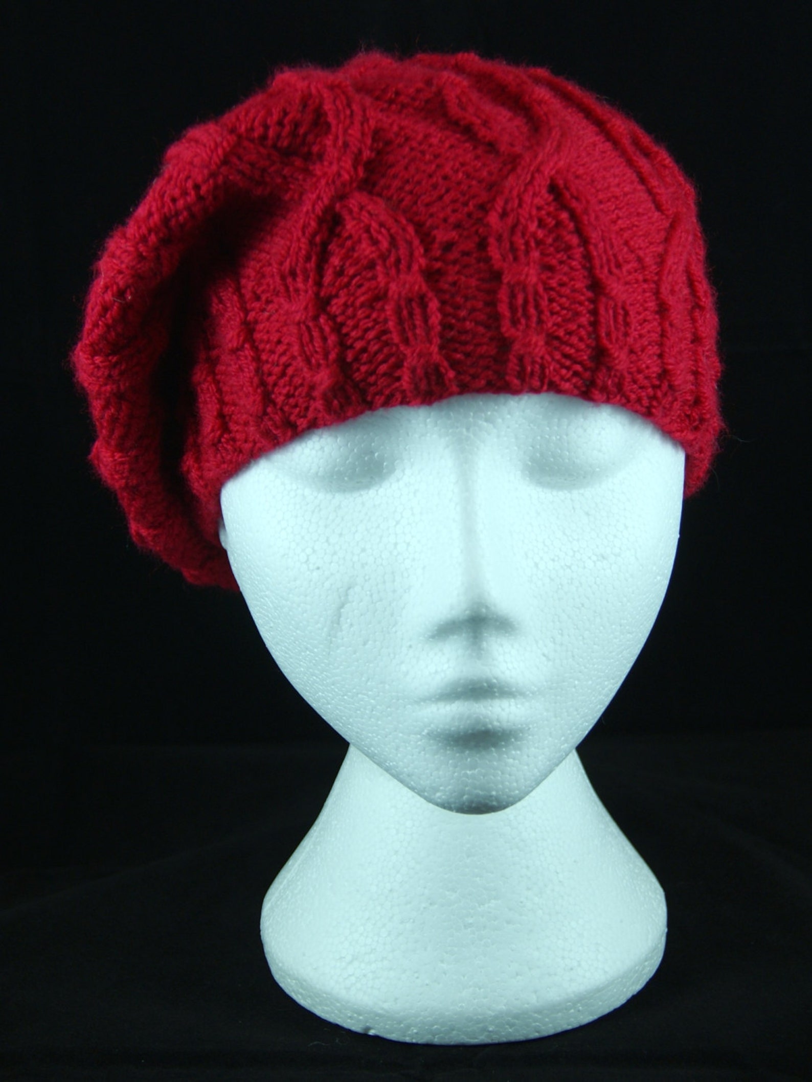 Hand Knitted Cabled Red Beret Tam / Slouchy Hat. Red Knit Hat. Knit ...