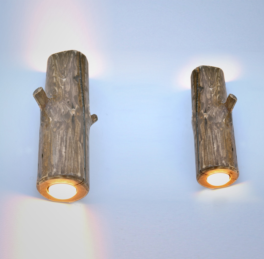 Pair of Wooden Wall Lights, Set of Sconces Made of Wood, Log Lamp ...