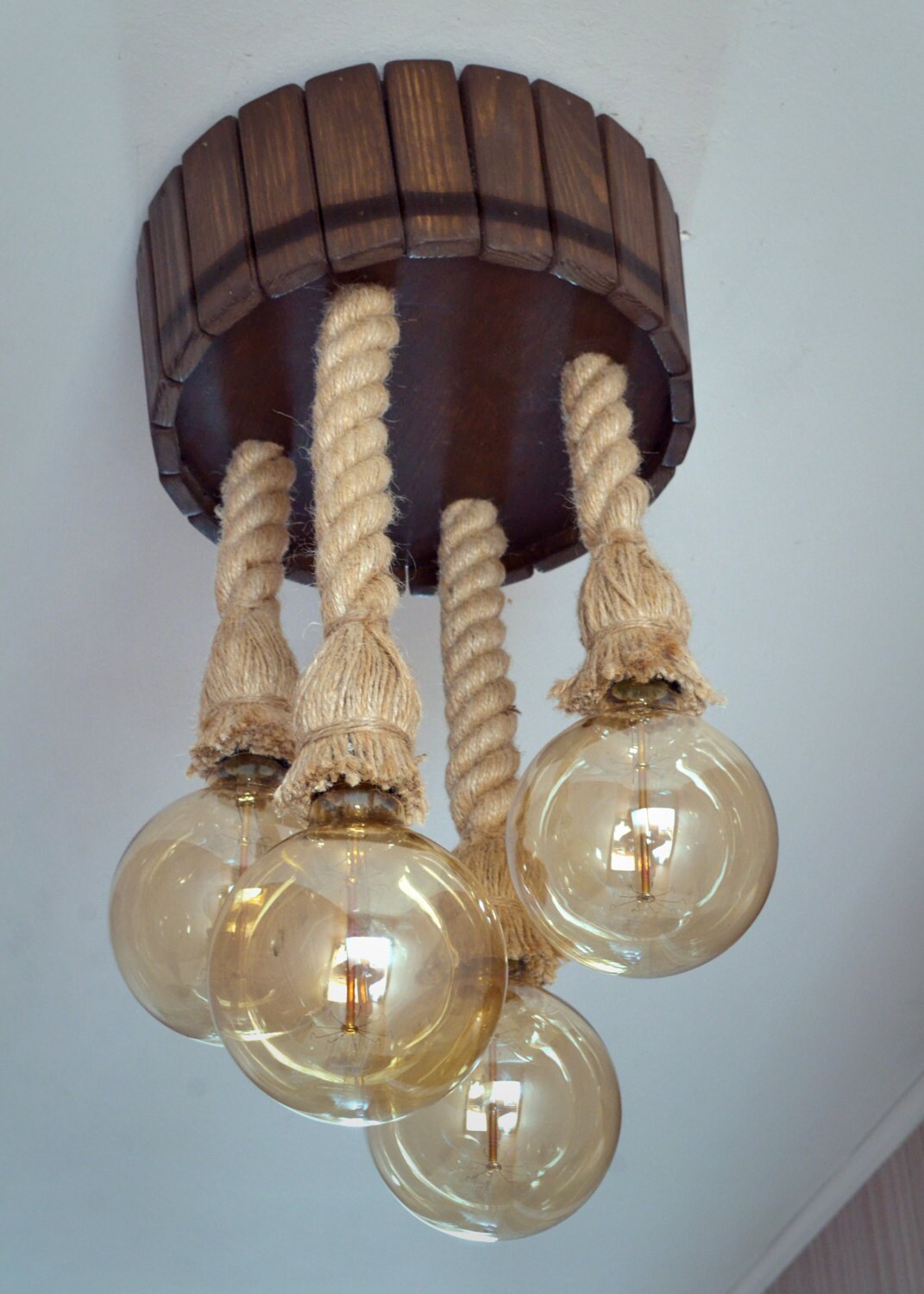 Wooden Chandelier in the Form of Barrel, Jute Ropes and Edison Bulbs ...