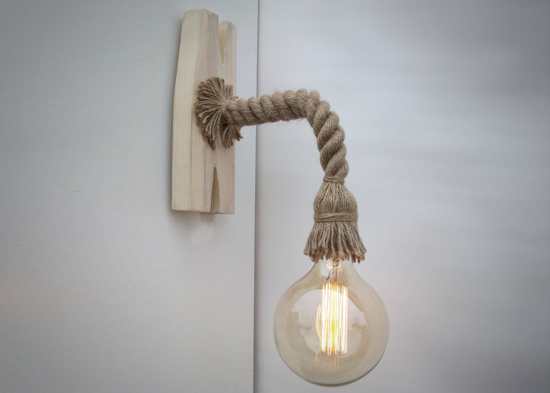 Wall Light Made From a Rope and Aged Wood, Wooden Sconce, Rustic Light ...