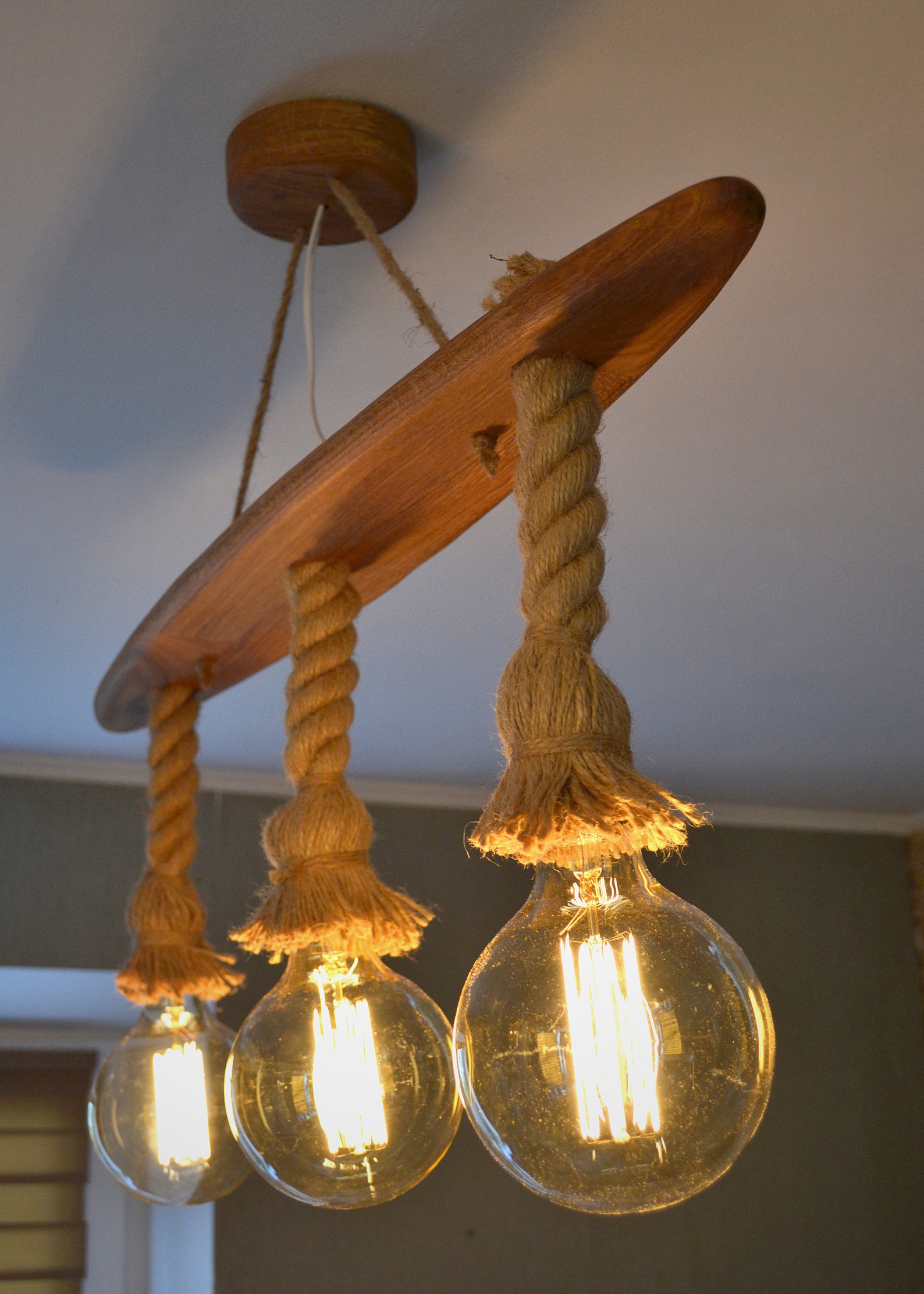 Oak wood ceiling lamp rope chandelier natural wooden light | Etsy