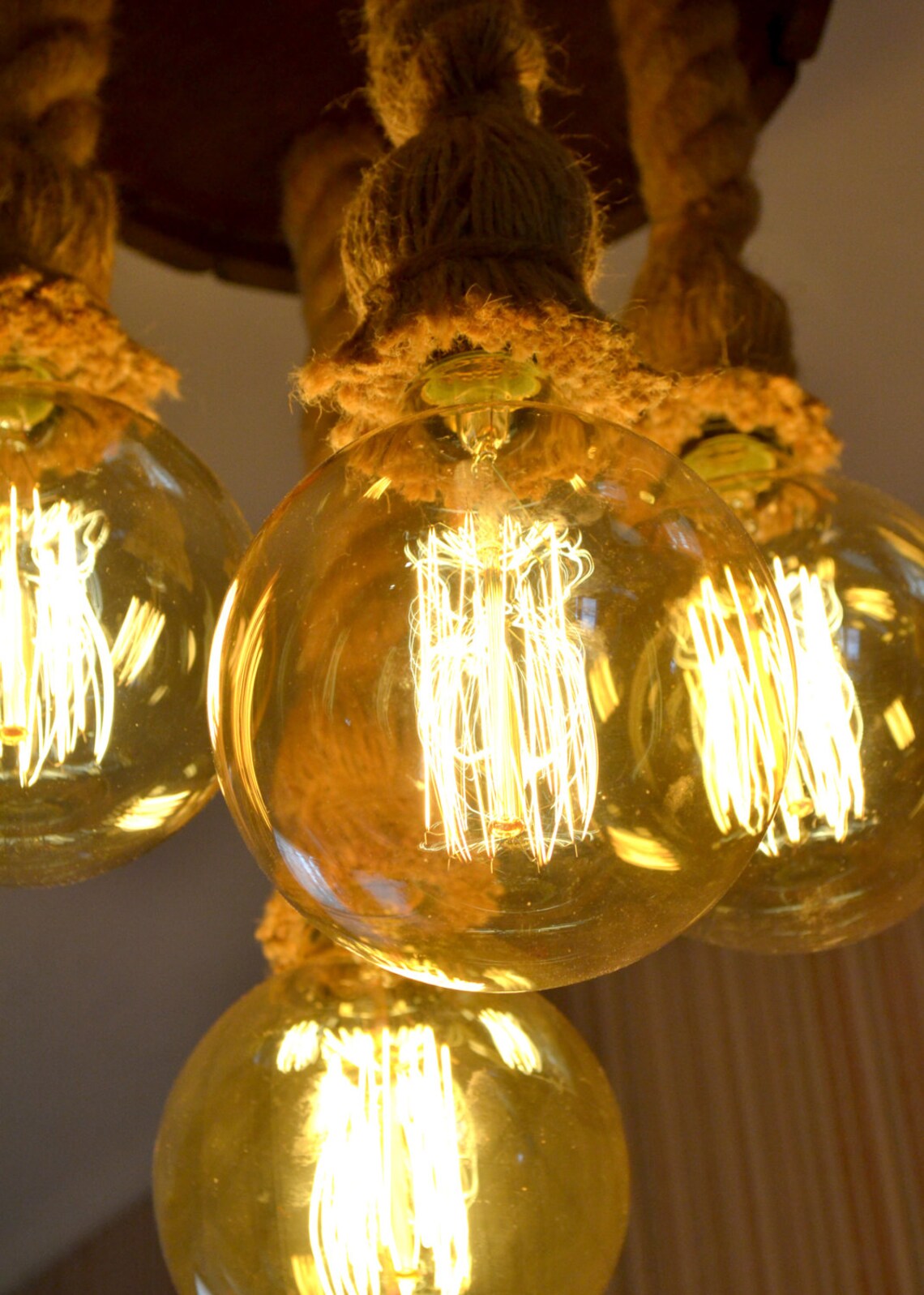 Wooden Chandelier in the Form of Barrel, Jute Ropes and Edison Bulbs ...
