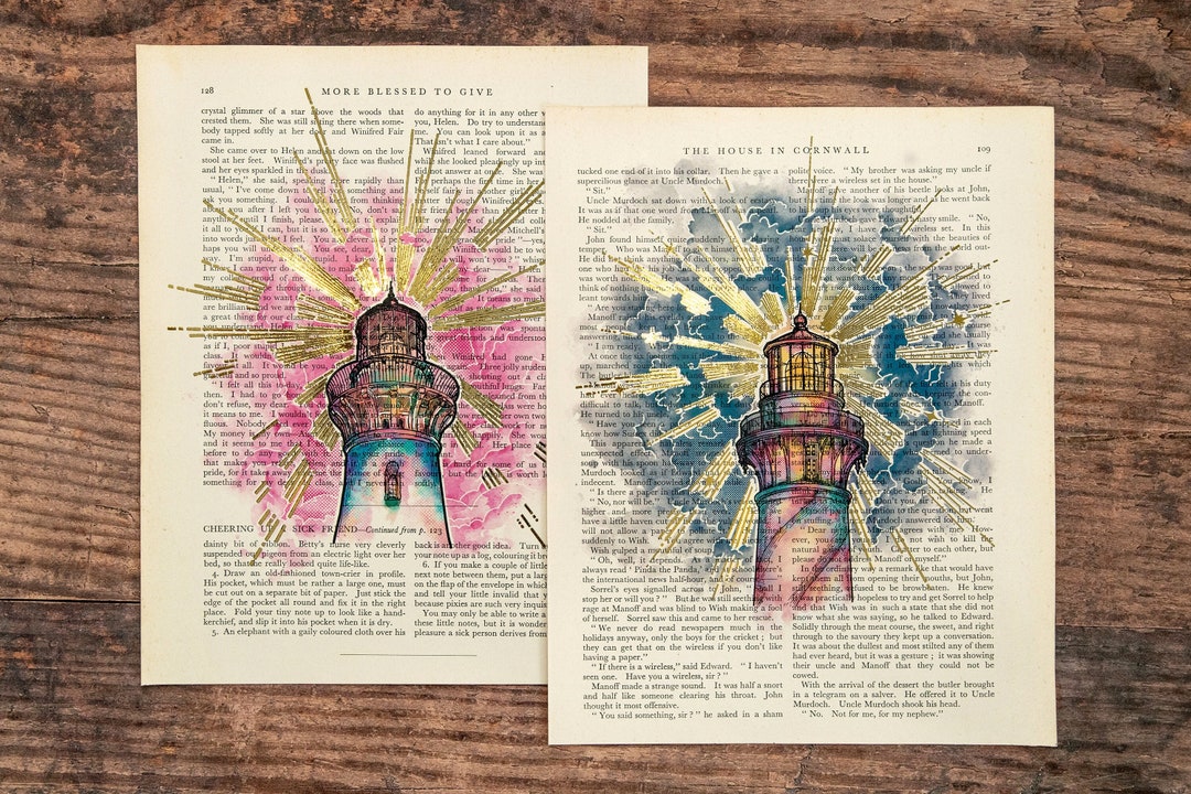 Set of 2 Gold-foiled Lighthouse Prints on Vintage Book Page, Original ...