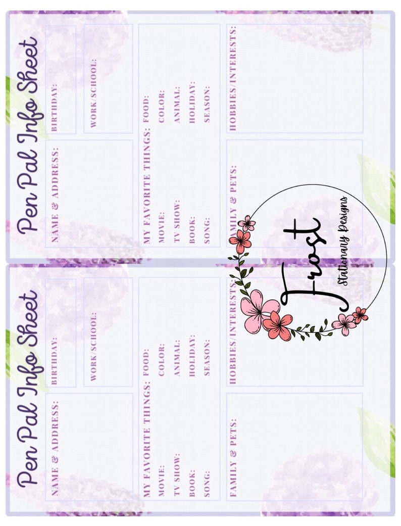 New Printable Penpal Info Sheet/ Intro Sheet ***digital PDF Download ...