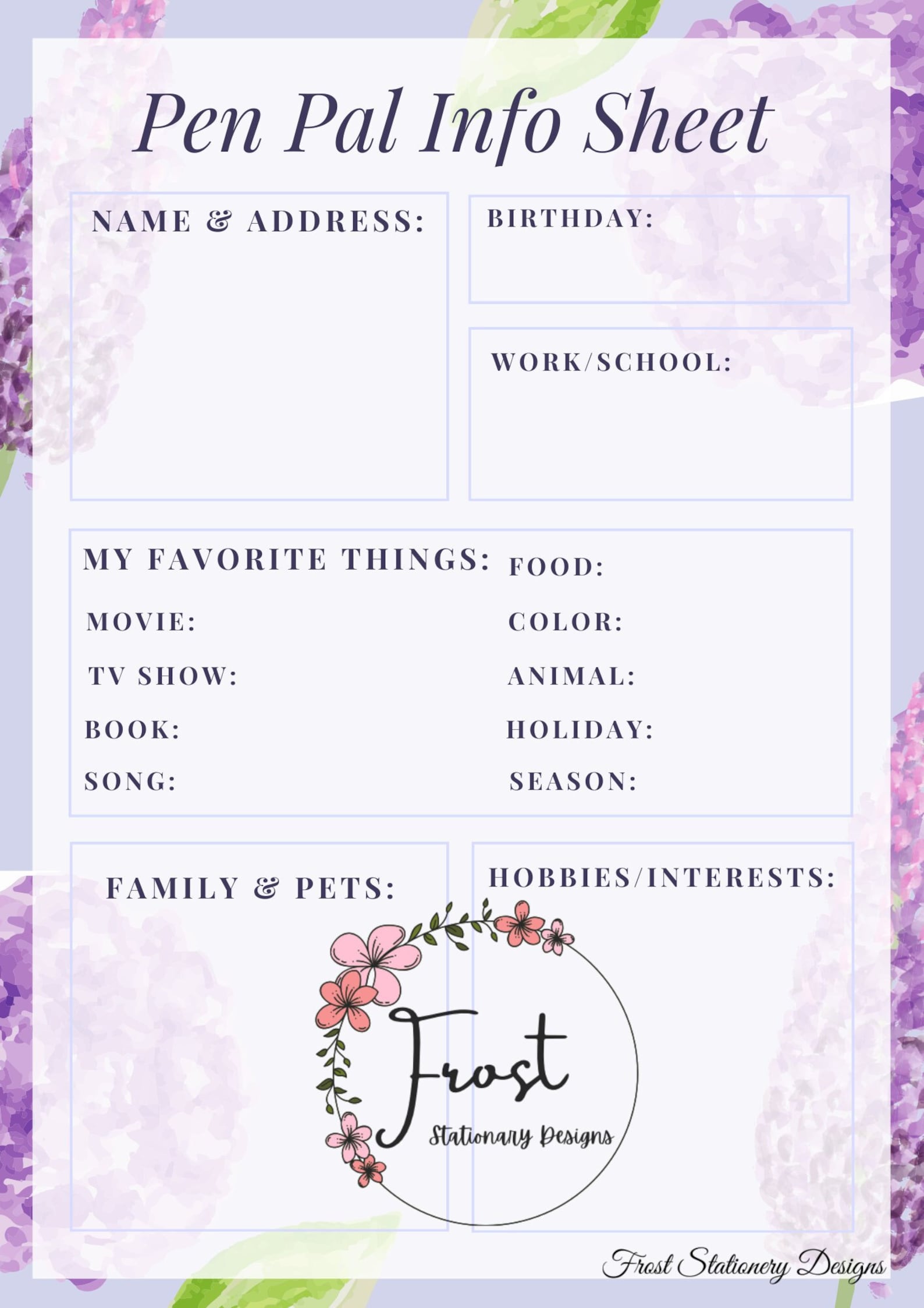 New Printable Penpal Info Sheet/ Intro Sheet ***digital PDF Download ...