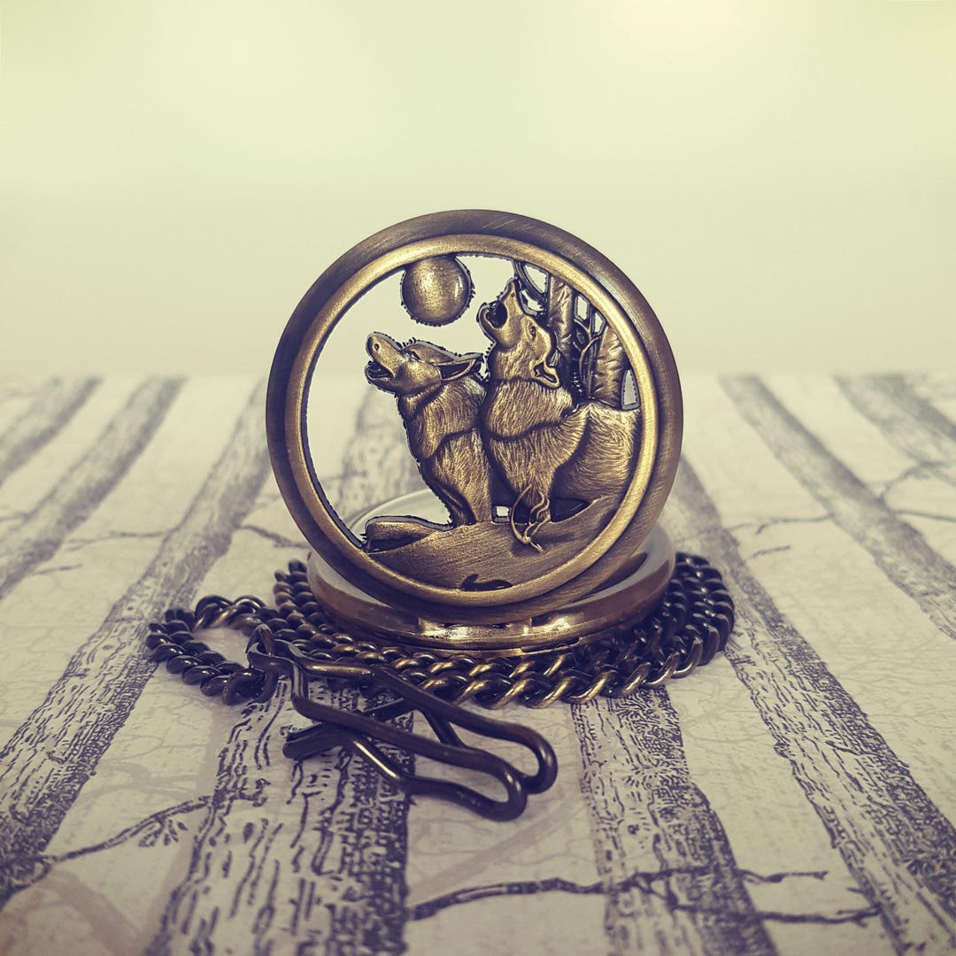 Wolf Pocket Watch: Bronze Wolves Howling at Moon, Waistcoat Chain - Etsy