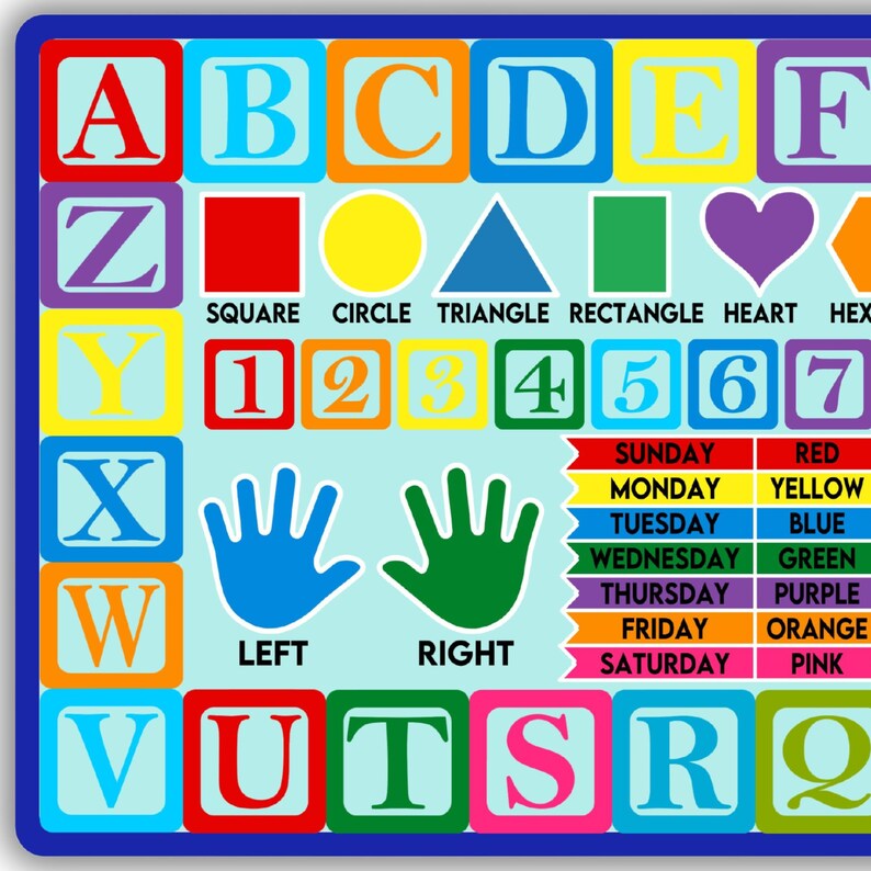 Kids Learning Placemat: Alphabet, Numbers, Shapes - Rubber Backing - Etsy