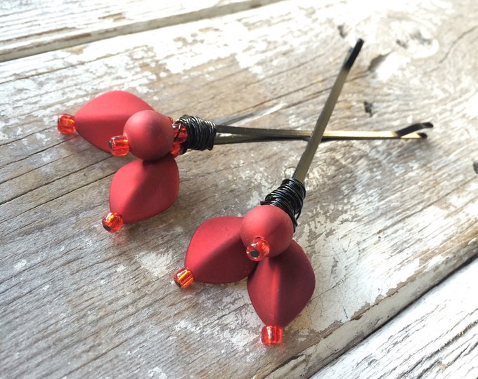 Red Bobby Pin Set Holiday Hair Clips Women Hair Accessory Beaded ...