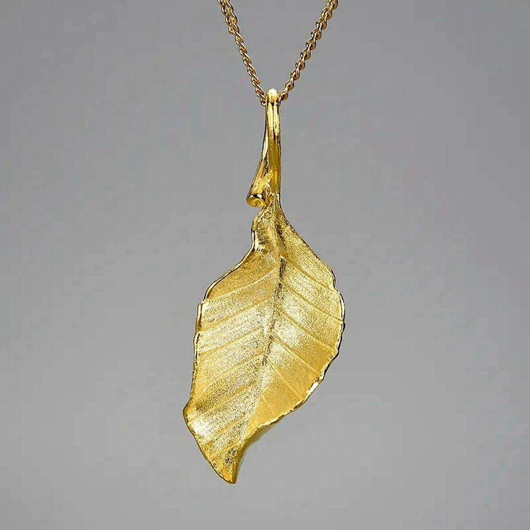 Gold Leaf Pendant With Chain Necklace • 35x13mm • 18k Gold Plated Solid ...