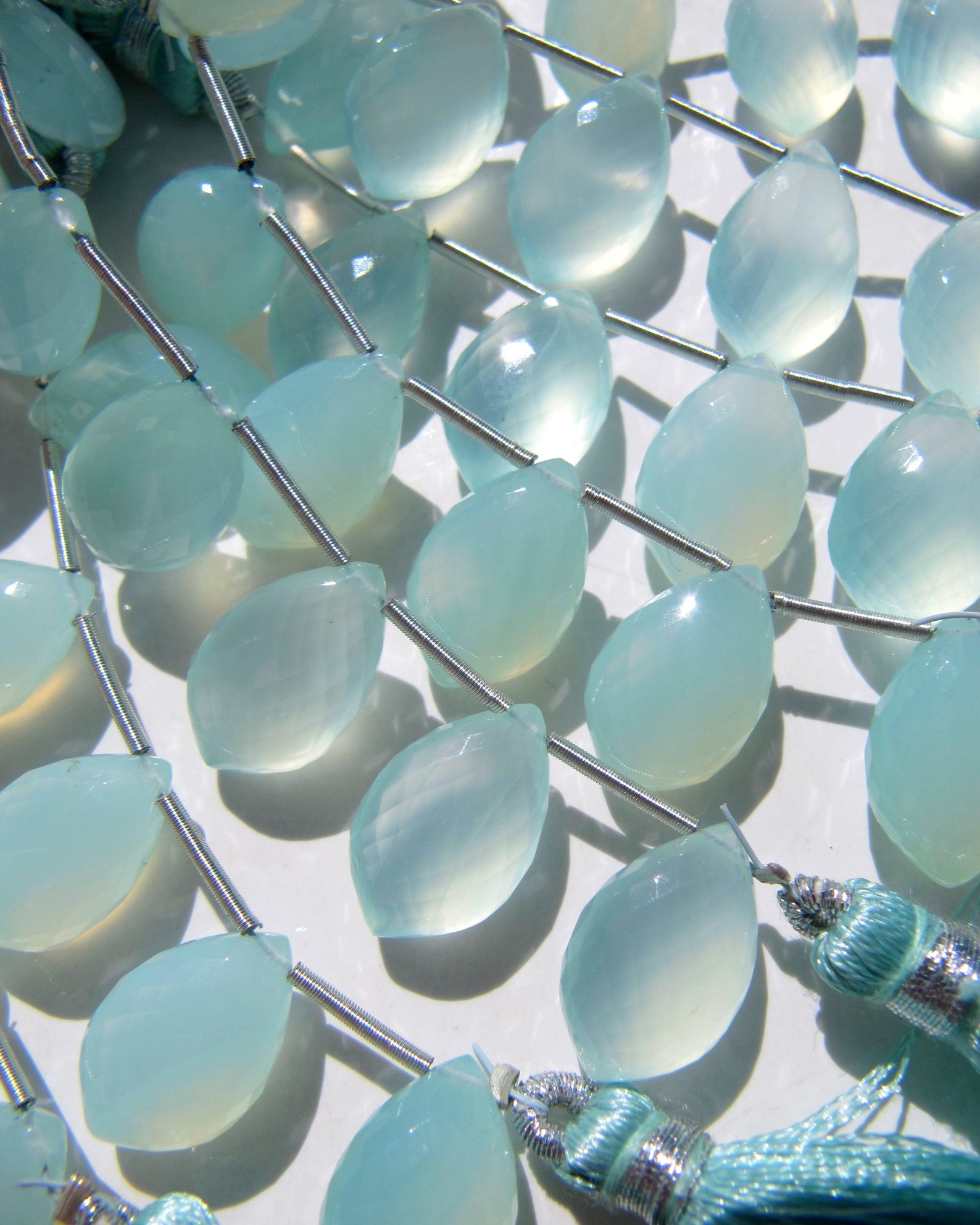 Aqua Chalcedony Briolettes 9x14mm AAA Micro Faceted Light Sea Blue ...